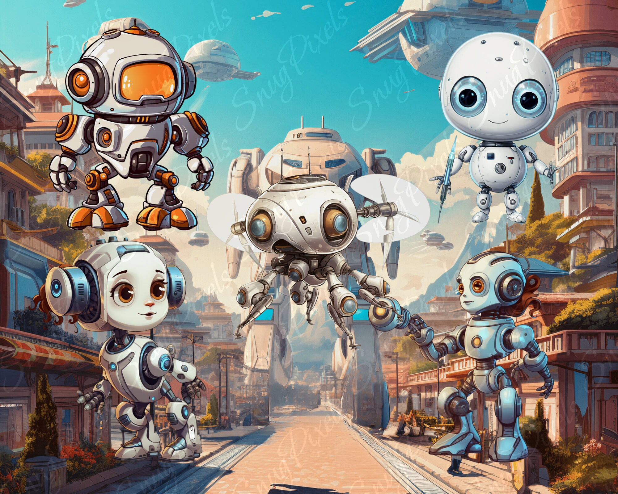 Fantasy Robot Clipart Pack Futuristic & Sci-fi Town, Space Robots Art ...