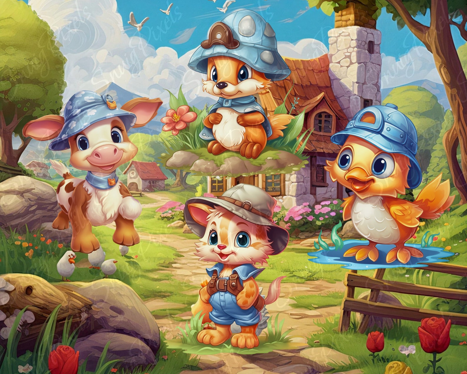 Cute Farm Animals Digital Clipart Pack | Vibrant Farm Scene Backgrounds ...