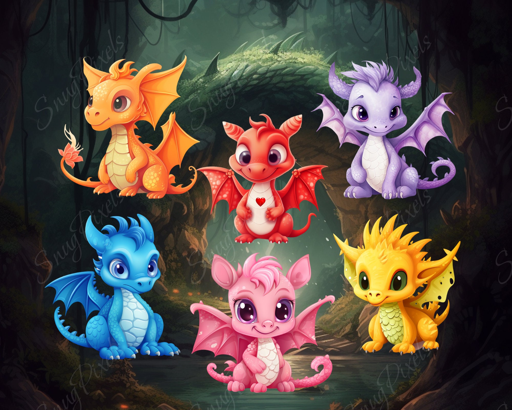 Mythical Dragons Digital Clipart Pack PNG Cute Characters & Enchanting ...