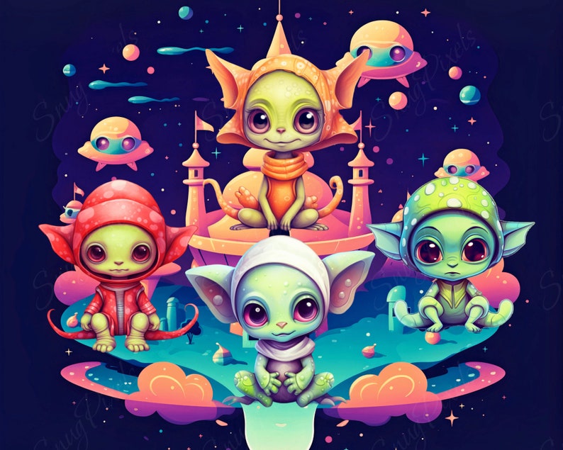 Fairy Tale Aliens Digital Clipart Pack PNG Cute Characters & Galactic ...