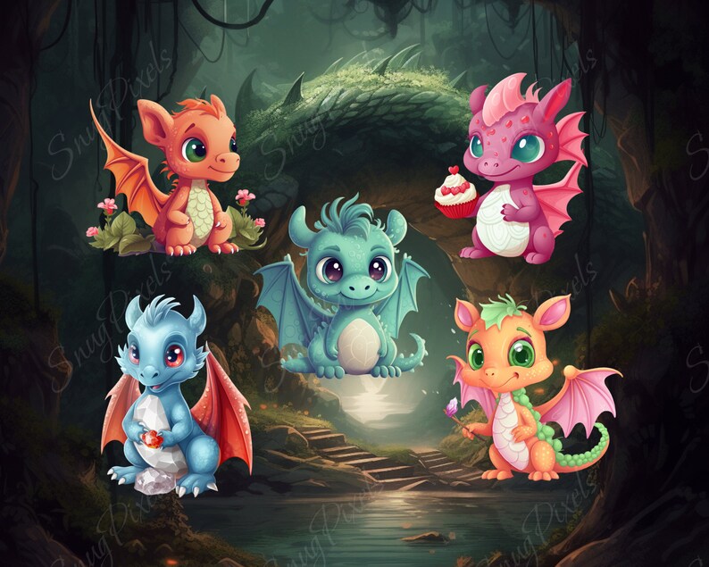 Mythical Dragons Digital Clipart Pack PNG Cute Characters & Enchanting ...