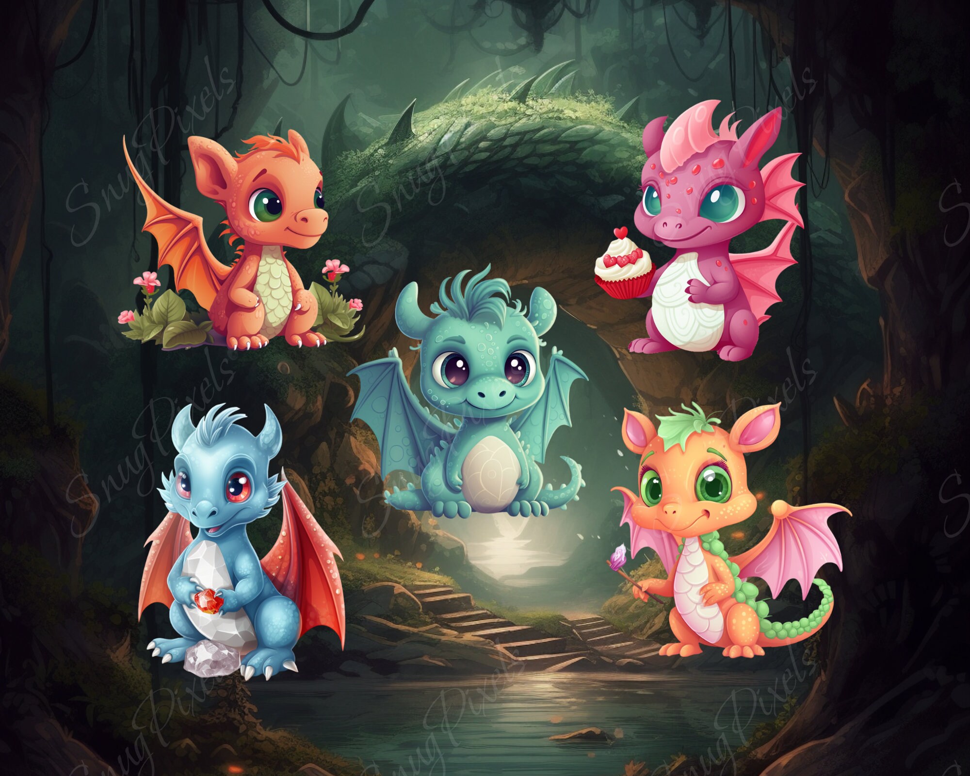 Mythical Dragons Digital Clipart Pack PNG Cute Characters & Enchanting ...