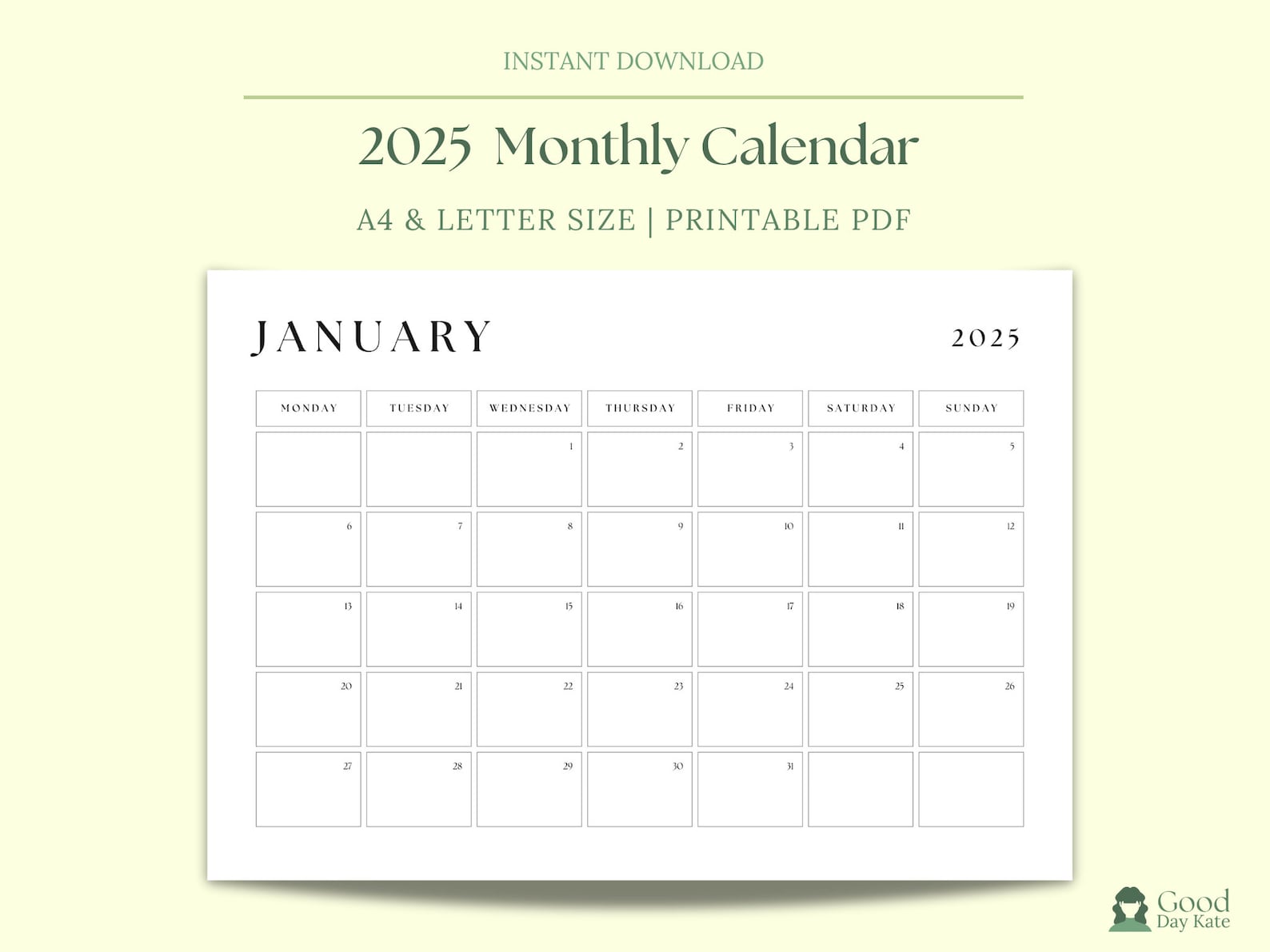 2025 Monthly Calendar, Printable Calendar, Minimalist Calendar, Monthly ...