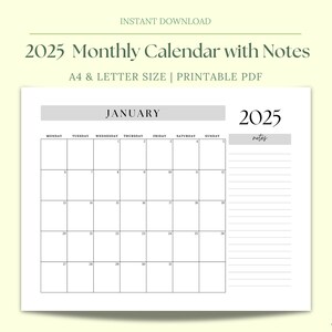 2025 Monthly Calendar With Notes, Printable Calendar PDF, Minimalist ...