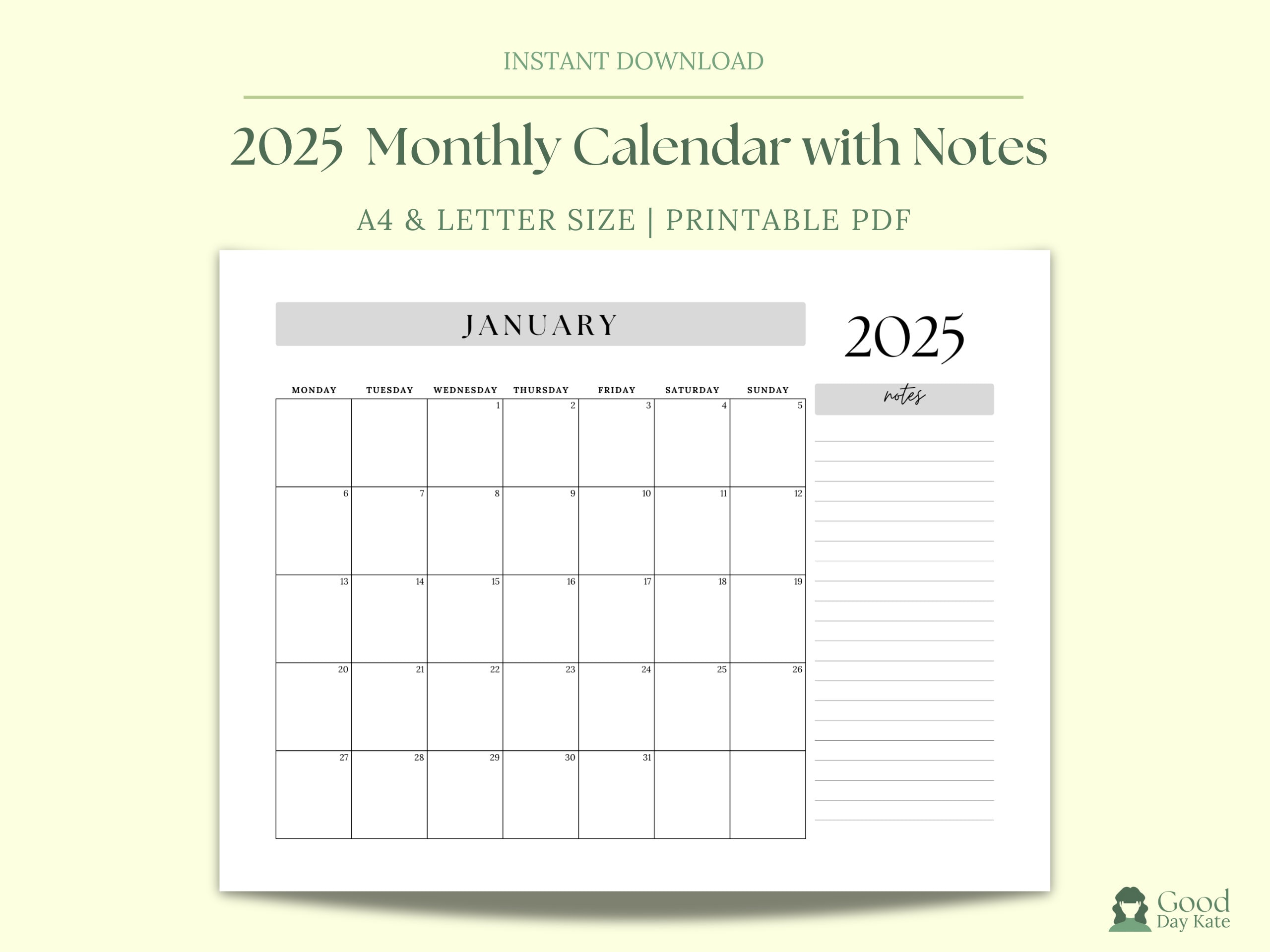 2025 Monthly Calendar With Notes, Printable Calendar PDF, Minimalist ...