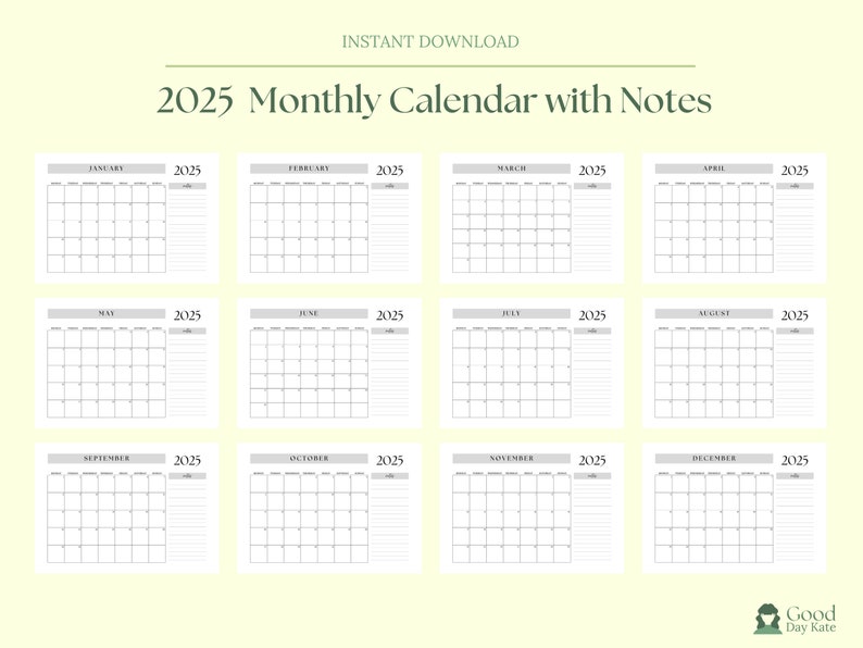 2025 Monthly Calendar With Notes, Printable Calendar PDF, Minimalist ...