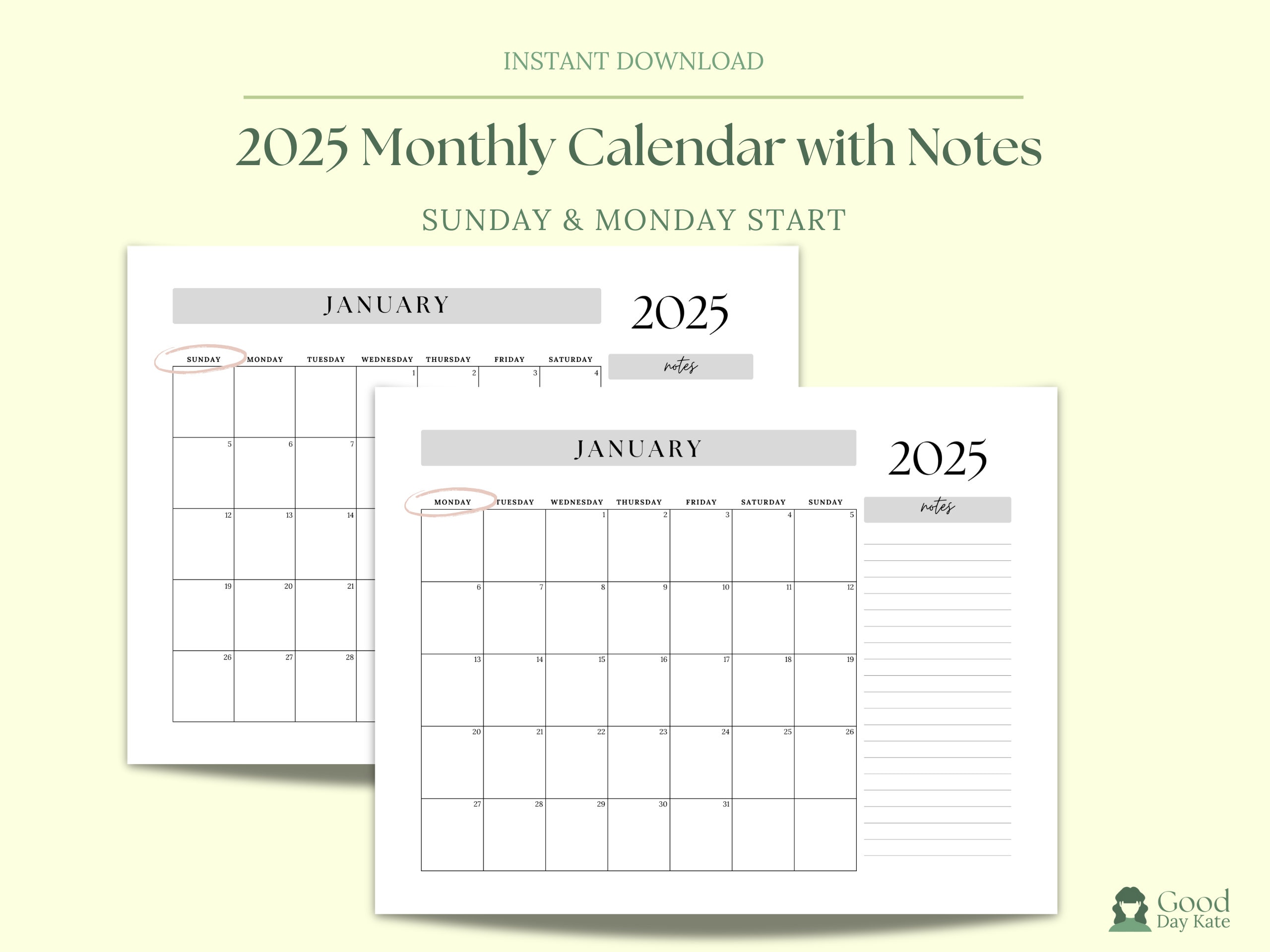 2025 Monthly Calendar With Notes, Printable Calendar PDF, Minimalist ...