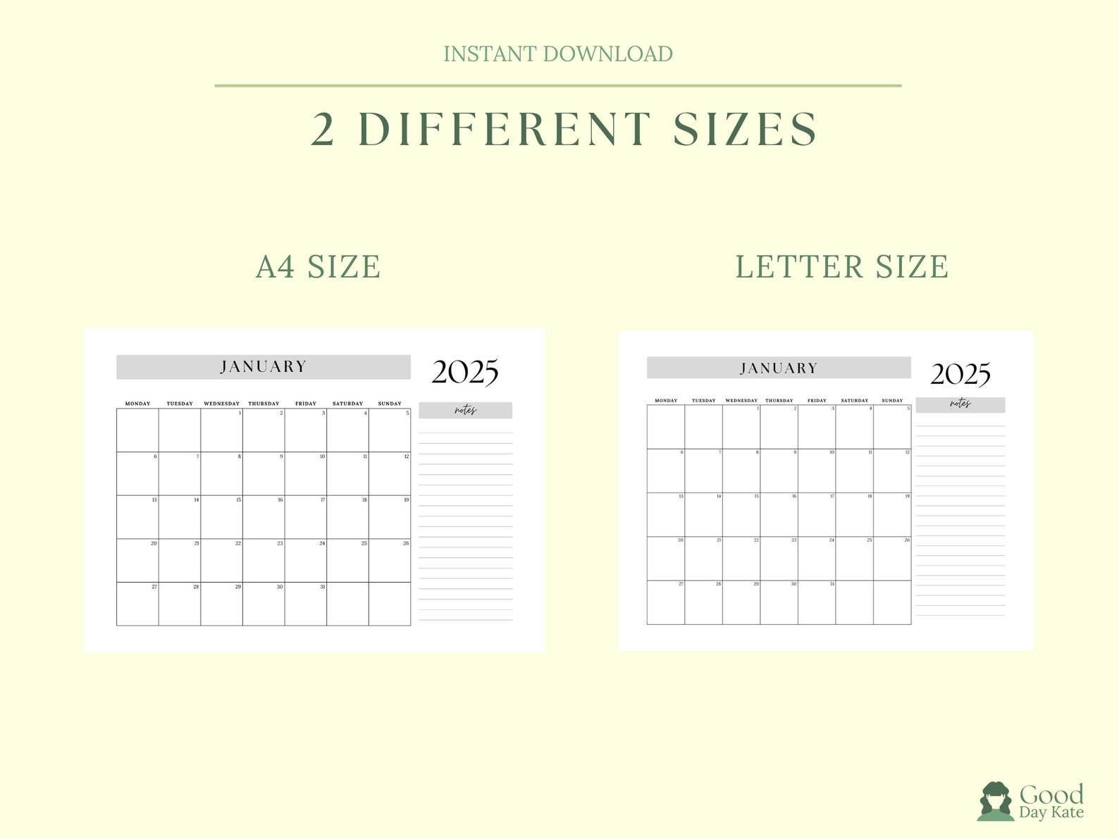 2025 Monthly Calendar With Notes, Printable Calendar PDF, Minimalist ...