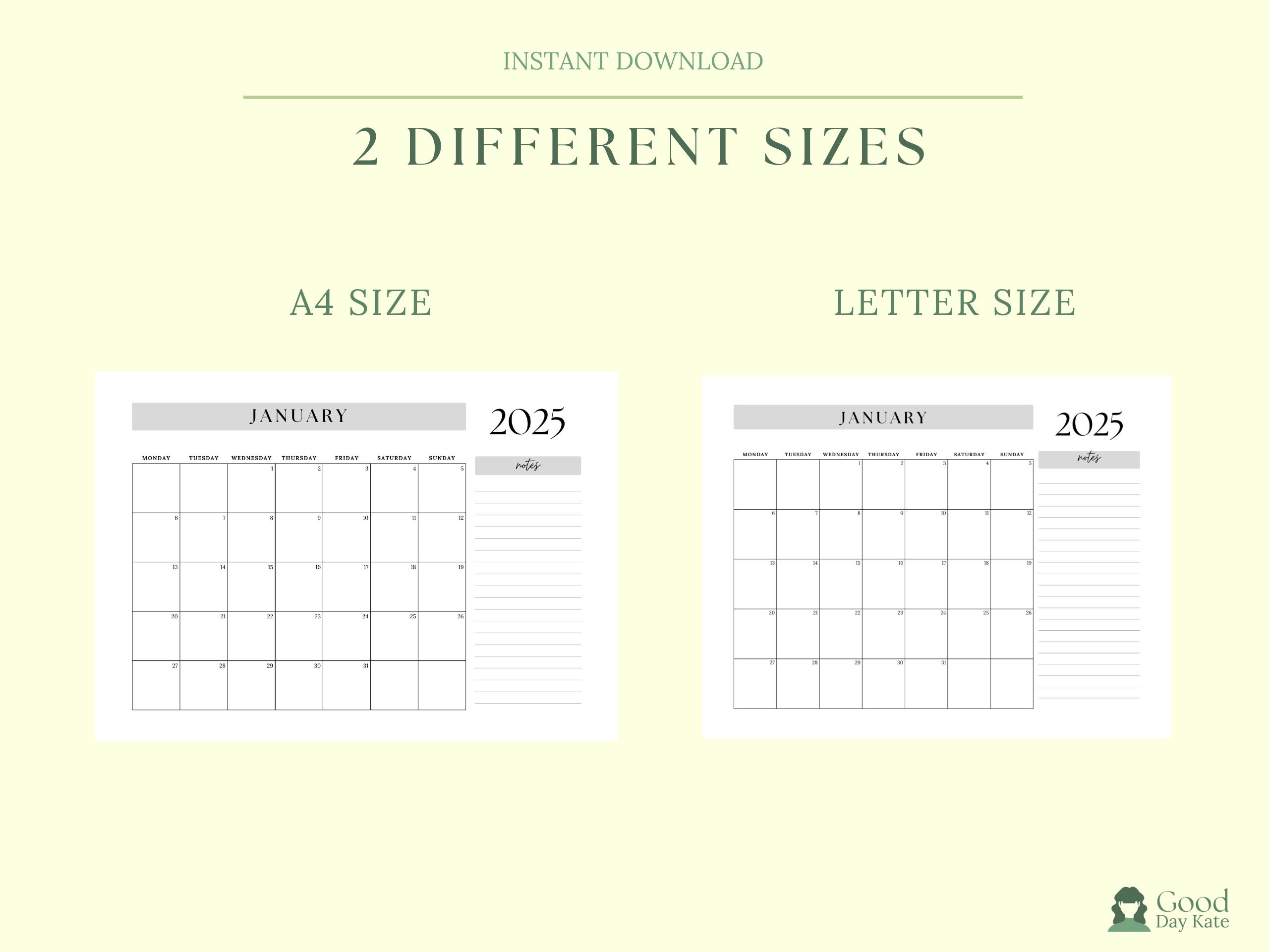 2025 Monthly Calendar With Notes, Printable Calendar PDF, Minimalist ...