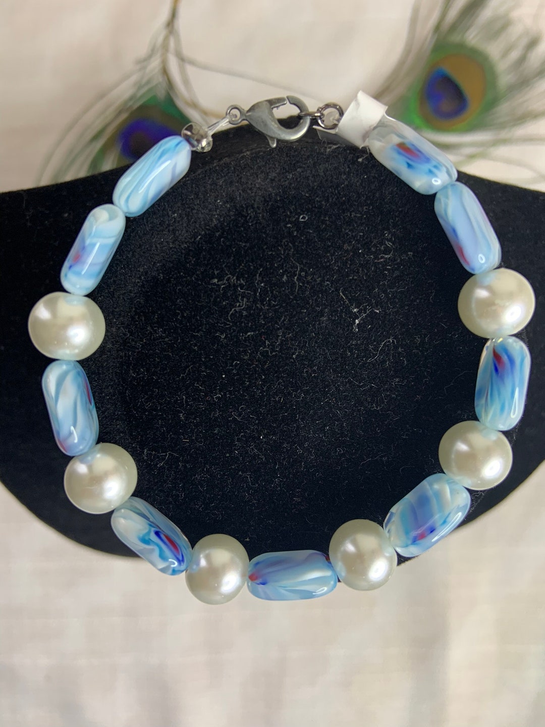 Blue Opalescent and Pearl Bracelet With Silver Lobster Claw Clasp ...