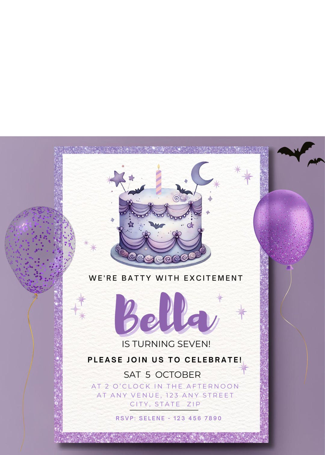 Editable Bat-themed Birthday Party Invitation | Purple Glitter ...
