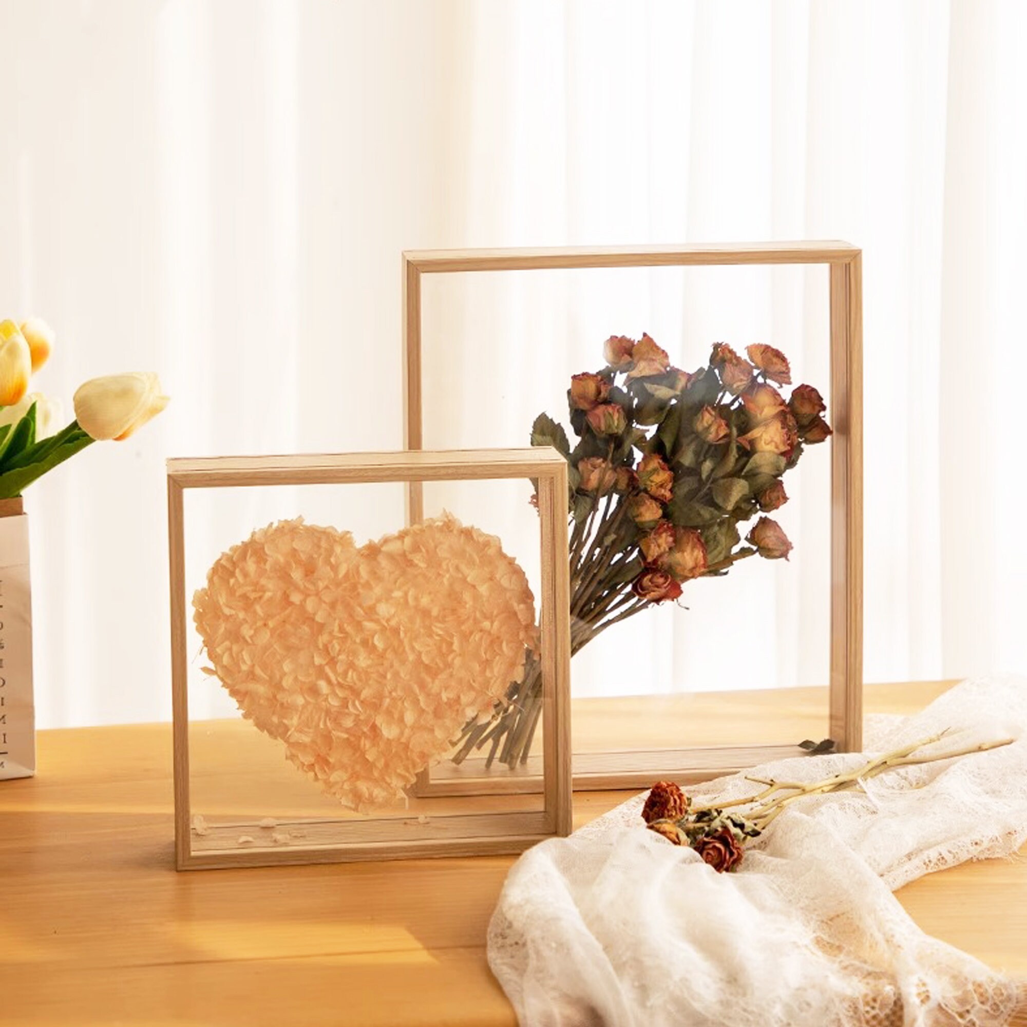 Wooden Transparent Hollow Frame, Dry Flower Storage and Display Frame ...