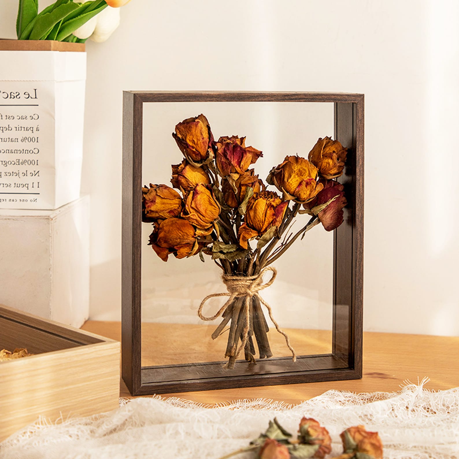 Wooden Transparent Hollow Frame, Dry Flower Storage and Display Frame ...