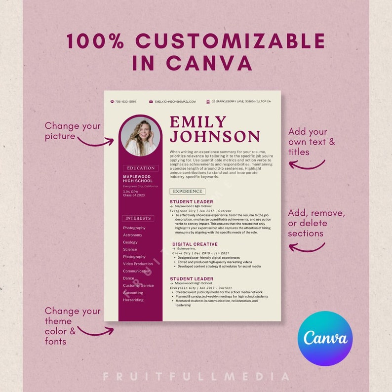 High School Resume Template | Canva Teen Resume for College ...