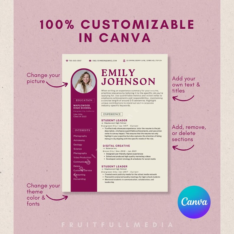 High School Resume Canva Template Printable Photo College Graduation ...