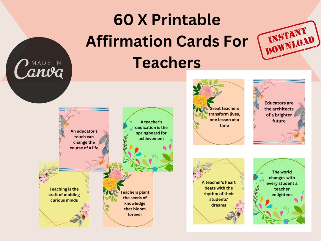 60 Printable Affirmation Cards for Teacher Appreciation Week, Digital ...