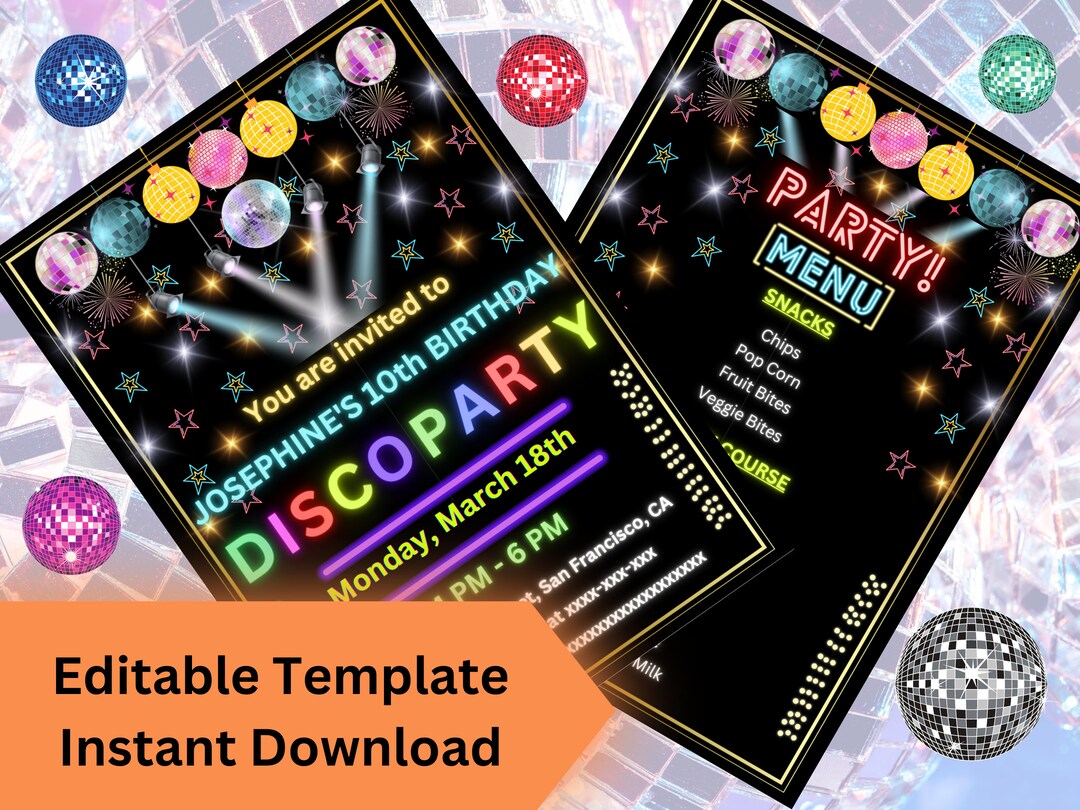 Editable Disco Party Invitation With Menu Template Card Neon Glow Disco ...