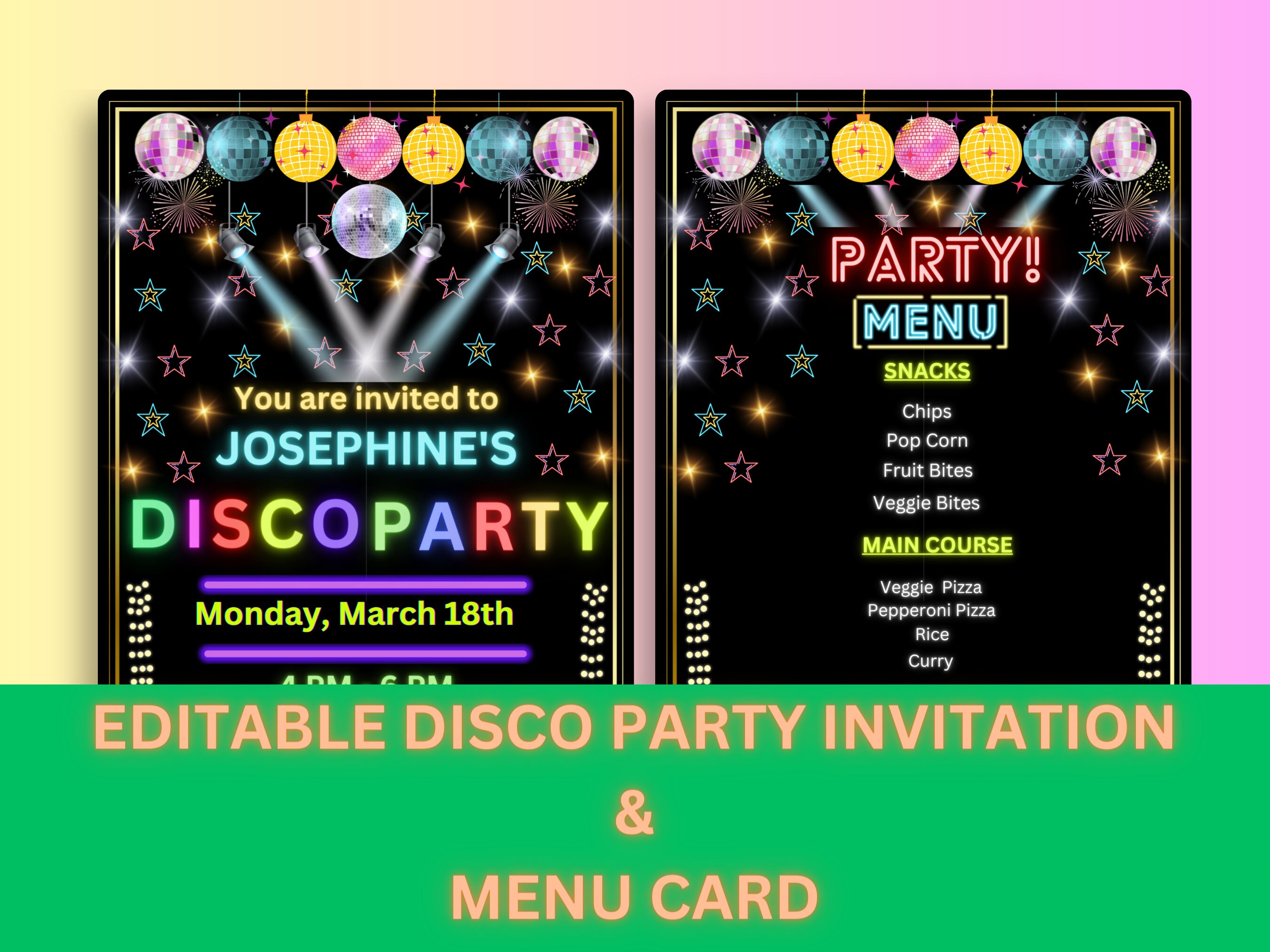 Editable Disco Party Invitation With Menu Template Card Neon Glow Disco ...