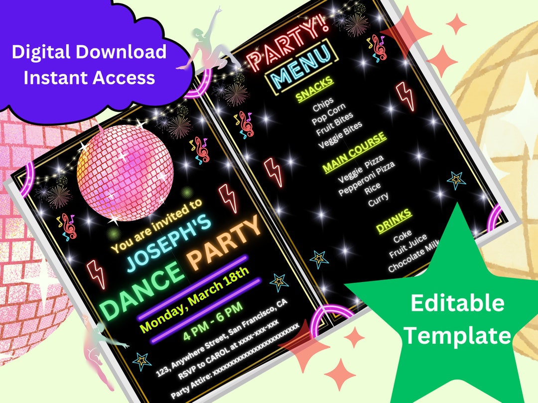 Neon Glow Dance Party Invitation With Food Menu - Disco Birthday Invite ...