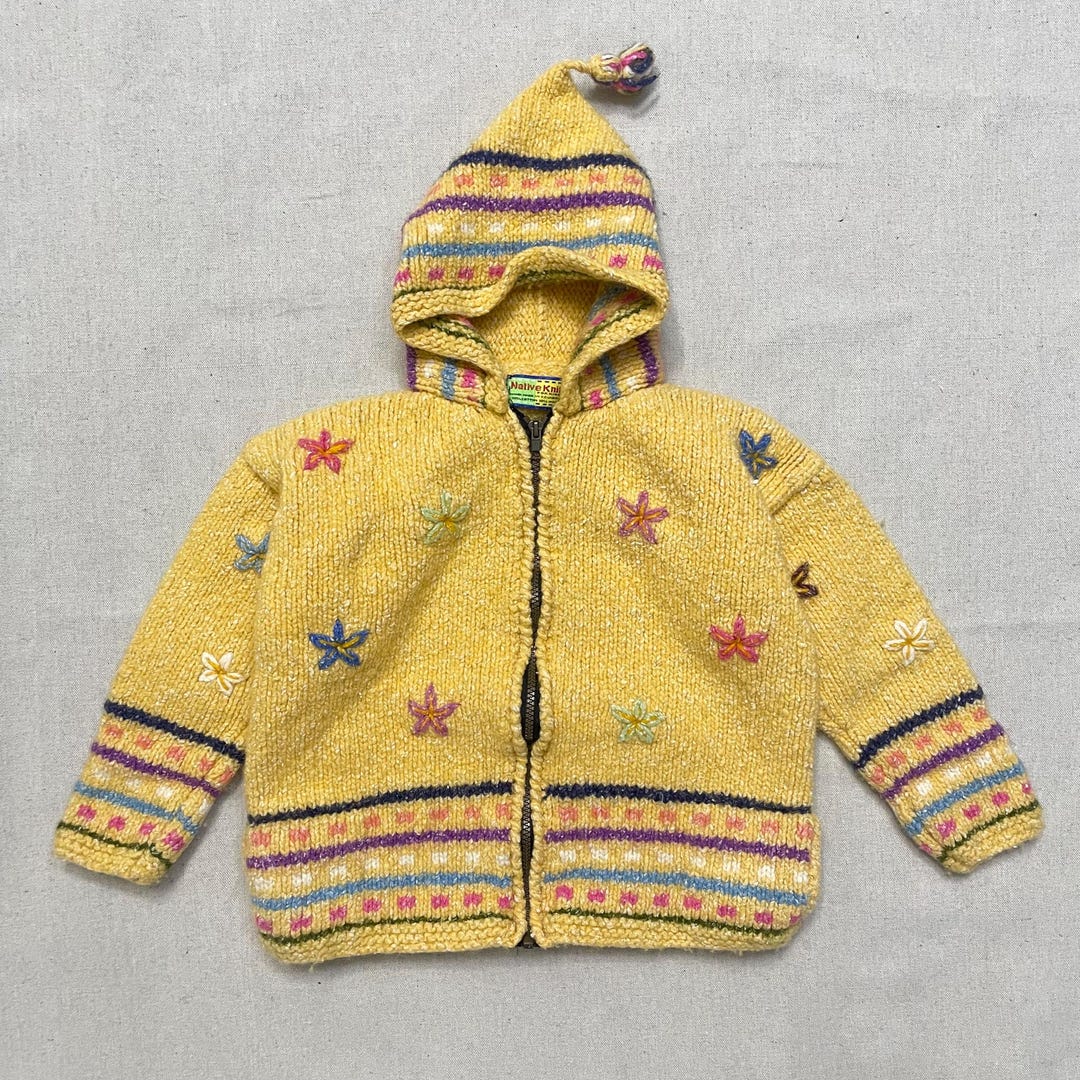 90s Kids Vintage Cute Flower Hand Embroidery Full Zip Hooded Ecuadorian ...