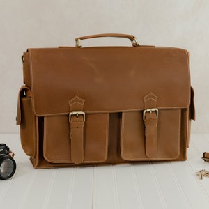 Personalized Large Leather Briefcase for Men, 17" Travel Leather ...