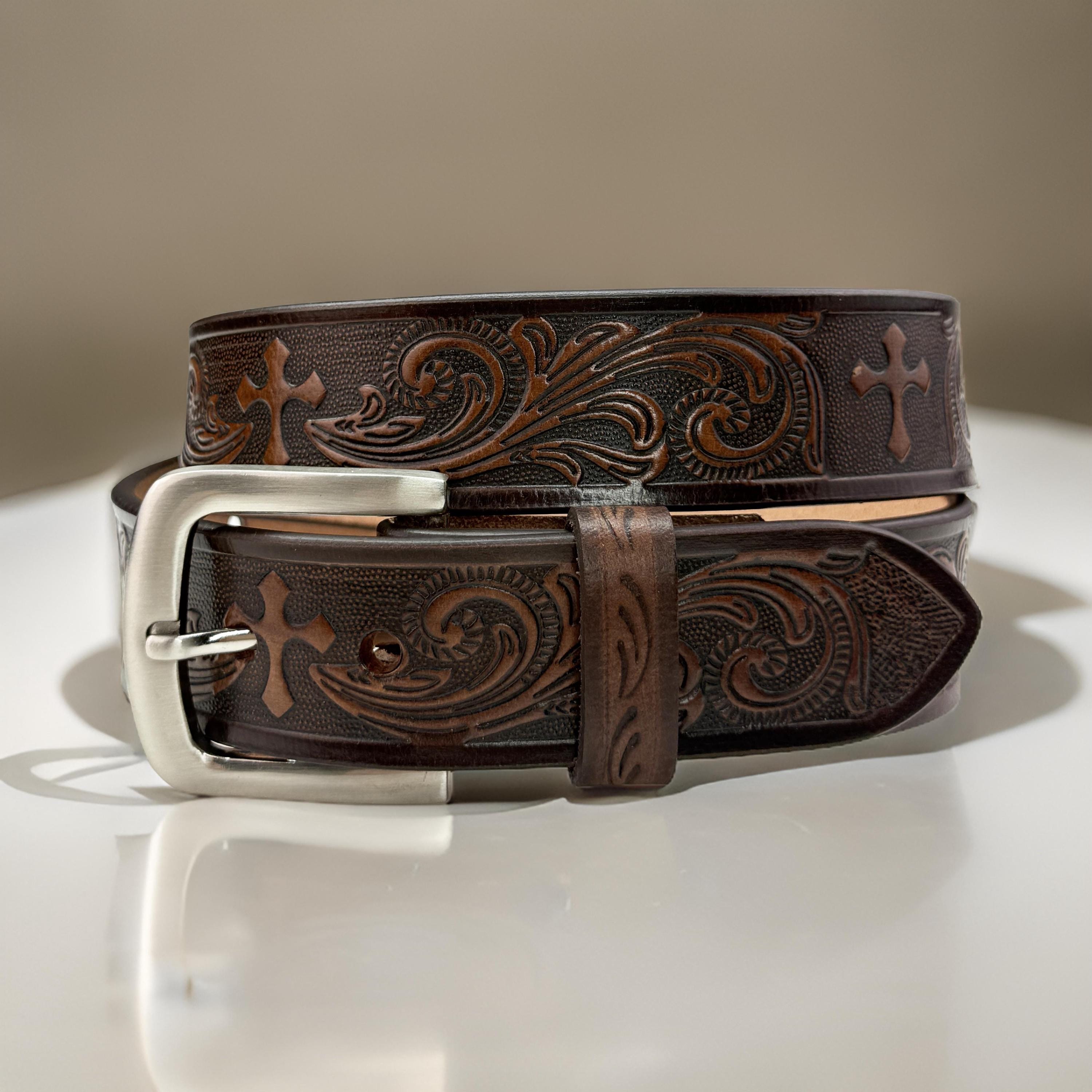 Cross Tooled Leather Snap Belt Strap - 100% Full Grain Western Style ...