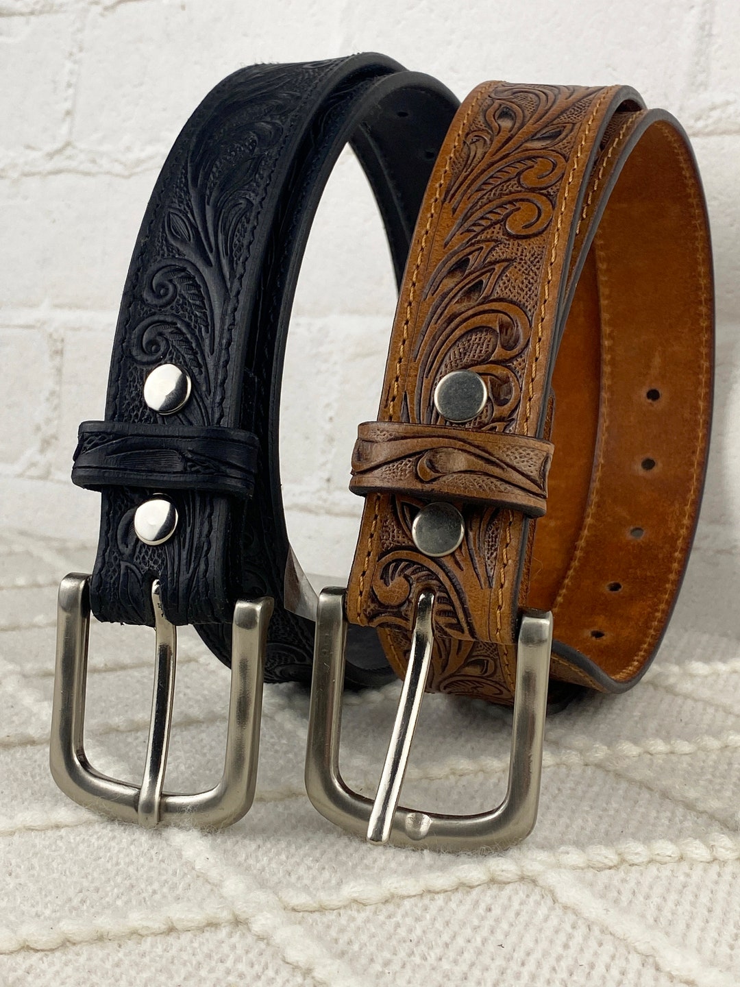 Tooled Western Floral Engraved Leather Belt 100% Genuine Full Grain ...