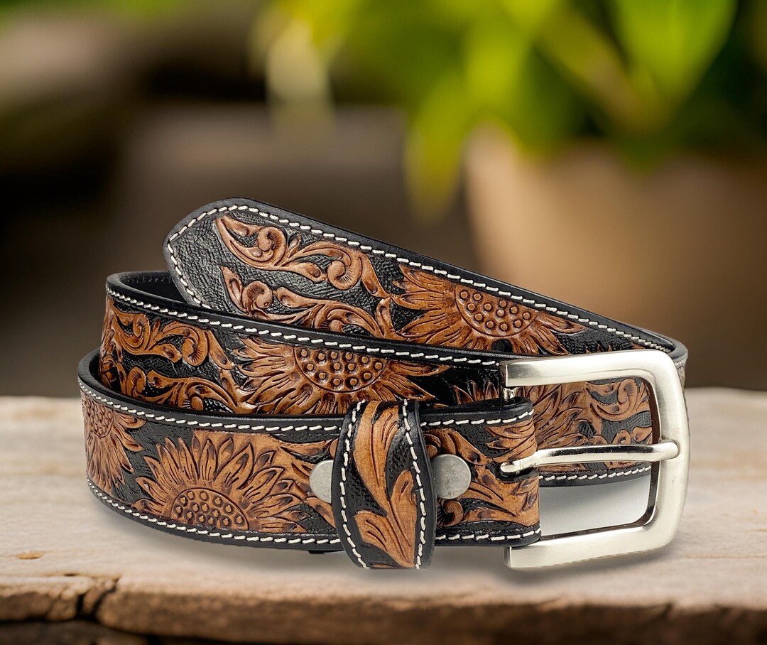Men's Western Full Grain Genuine Leather Belt Embossed Belt 1.5" Thick ...