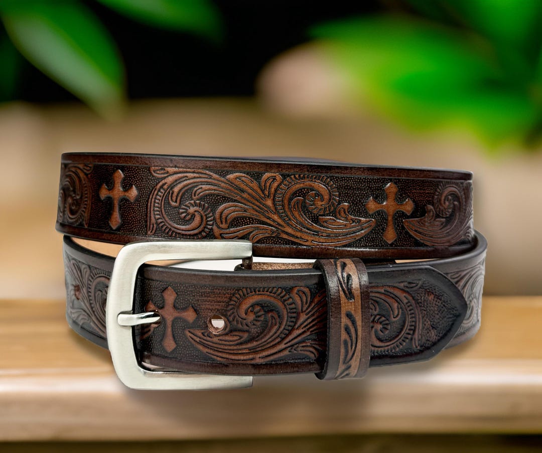 Cross Tooled Leather Snap Belt Strap - 100% Full Grain Western Style ...
