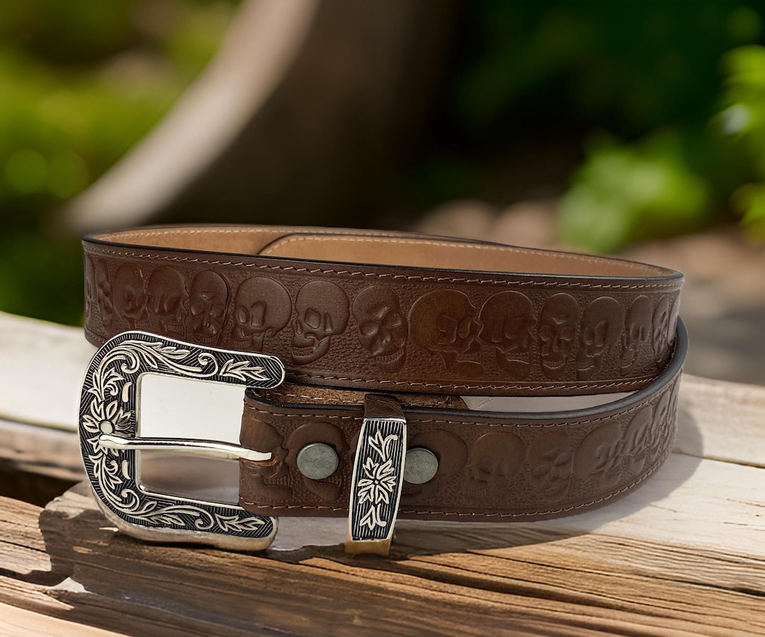 Men's Western Full Grain Genuine Leather Belt Embossed Belt 1.5" Thick ...