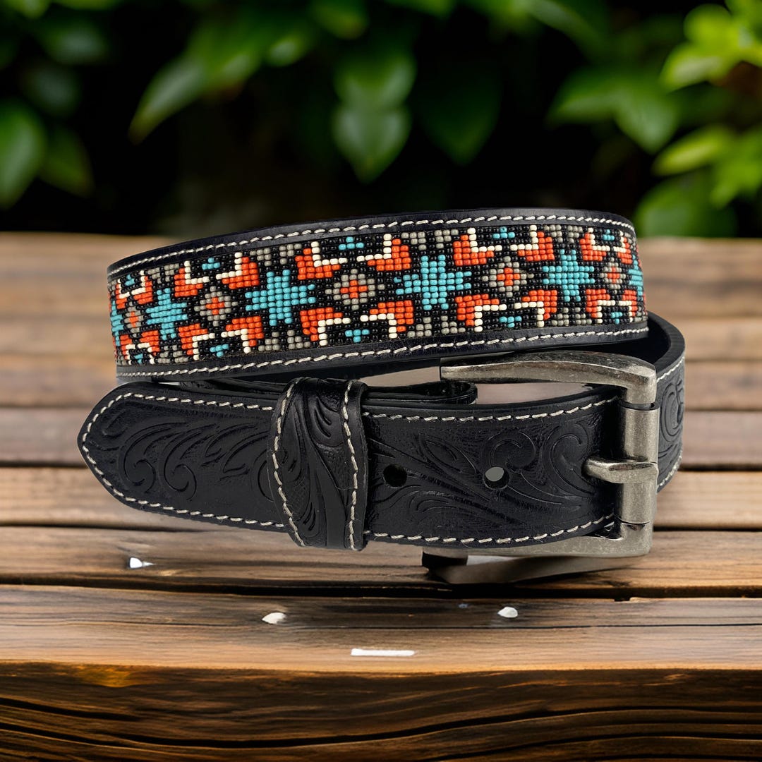 Beaded Leather Tooled Western Engraved Leather Belt 100% Genuine Full ...