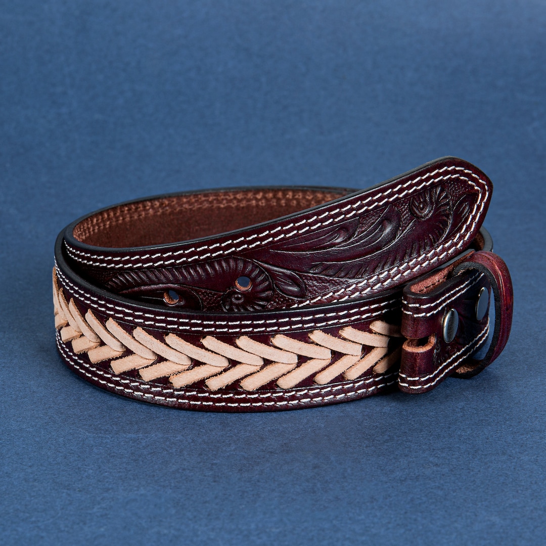 Full Grain Leather Snap-on Belt, Tooled Western Floral Engraved Leather ...