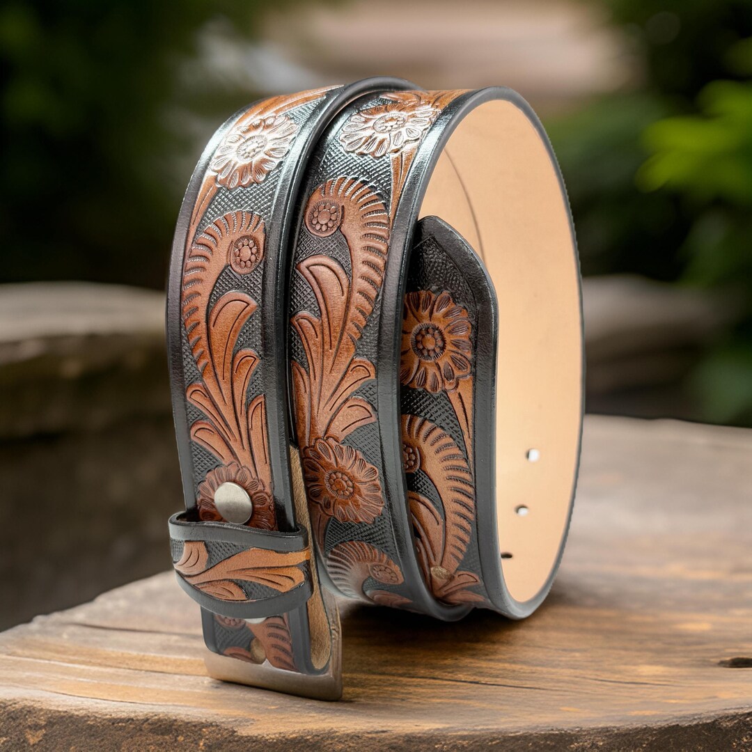 Tooled Western Floral Engraved Leather Belt 100% Genuine Full Grain ...