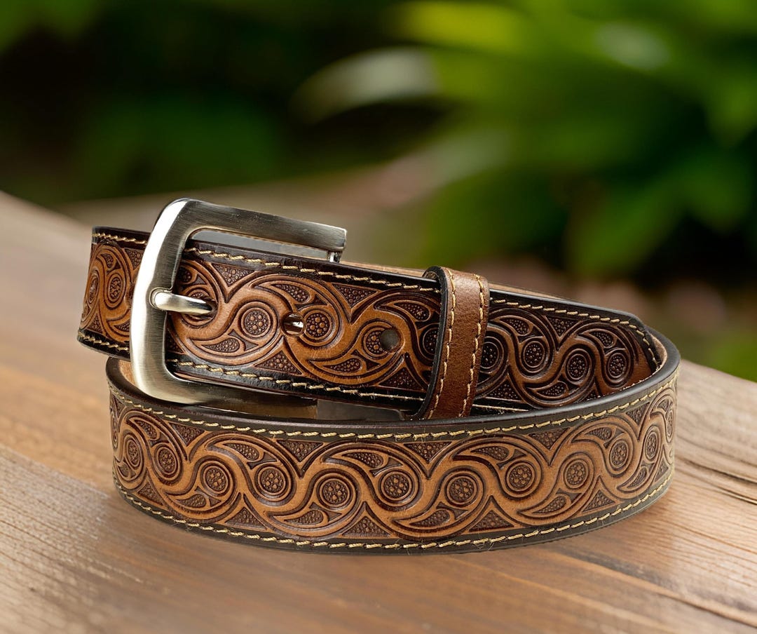 Men's Western Full Grain Genuine Leather Belt Embossed Rodeo Belt With ...
