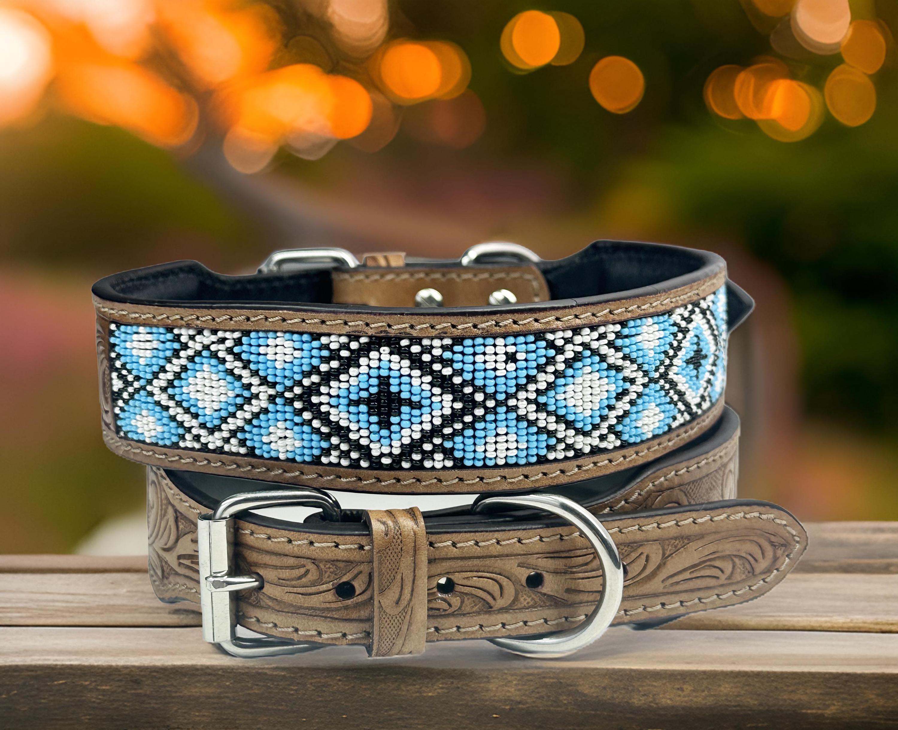 Leather Dog Cat Personalized Western Collar Beaded Hand Tooled Crafted ...