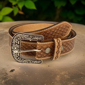 Men's Western Full Grain Genuine Leather Belt Embossed Belt 1.5" Thick ...