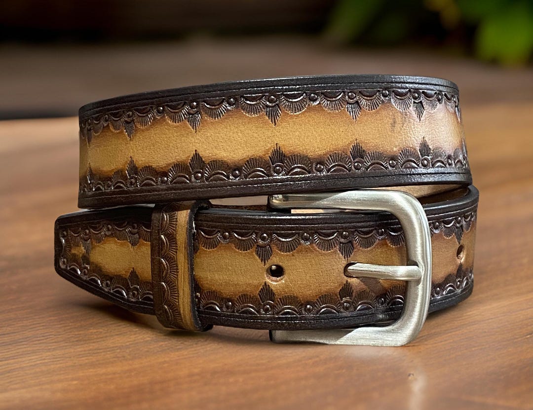 Tooled Western Floral Engraved Leather Belt 100% Genuine Full Grain ...
