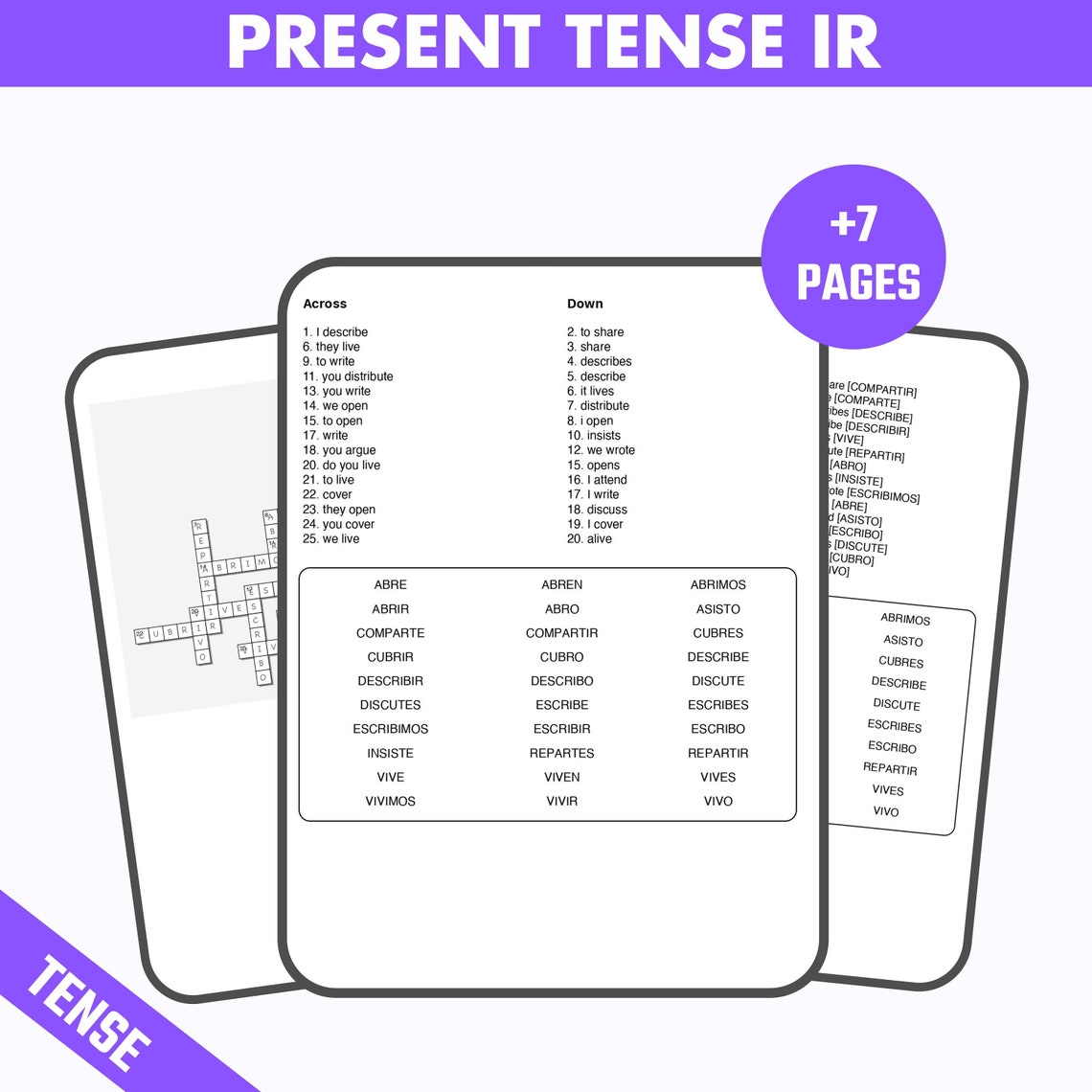 Present Tense Spanish Verbs Crossword Puzzle and Word Search: IR Verbs ...