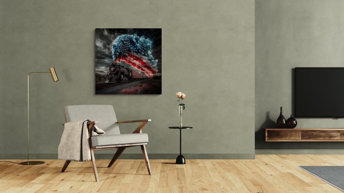 American Flag Steam Train Poster – Patriotic Vintage Statement Art - Etsy