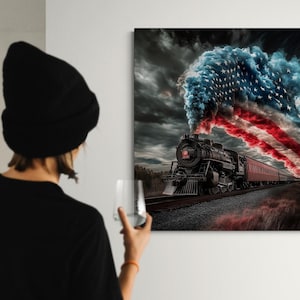 American Flag Steam Train Poster – Patriotic Vintage Statement Art - Etsy