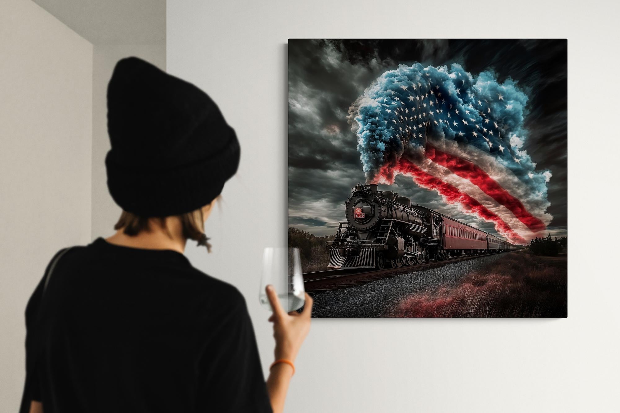 American Flag Steam Train Poster – Patriotic Vintage Statement Art - Etsy