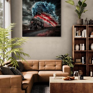 American Flag Steam Train Poster – Patriotic Vintage Statement Art - Etsy