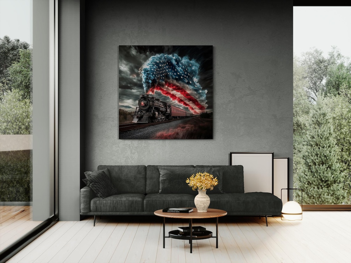 American Flag Steam Train Poster – Patriotic Vintage Statement Art - Etsy