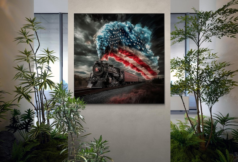 American Flag Steam Train Poster – Patriotic Vintage Statement Art - Etsy