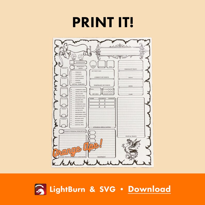 Dungeons and Dragons Character Sheet: Laser Cut/engrave SVG (digital ...