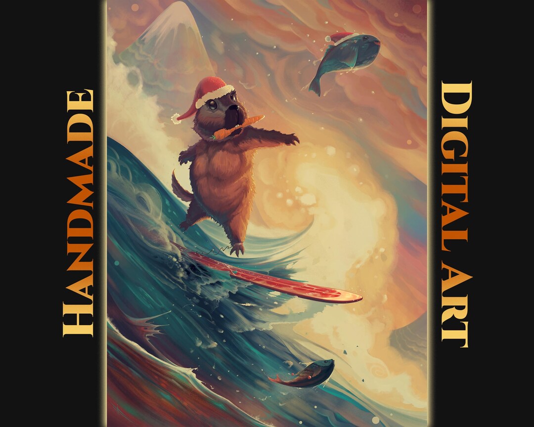 Surfing Santa Marmot Christmas Art: Quirky Holiday Decor (digital ...