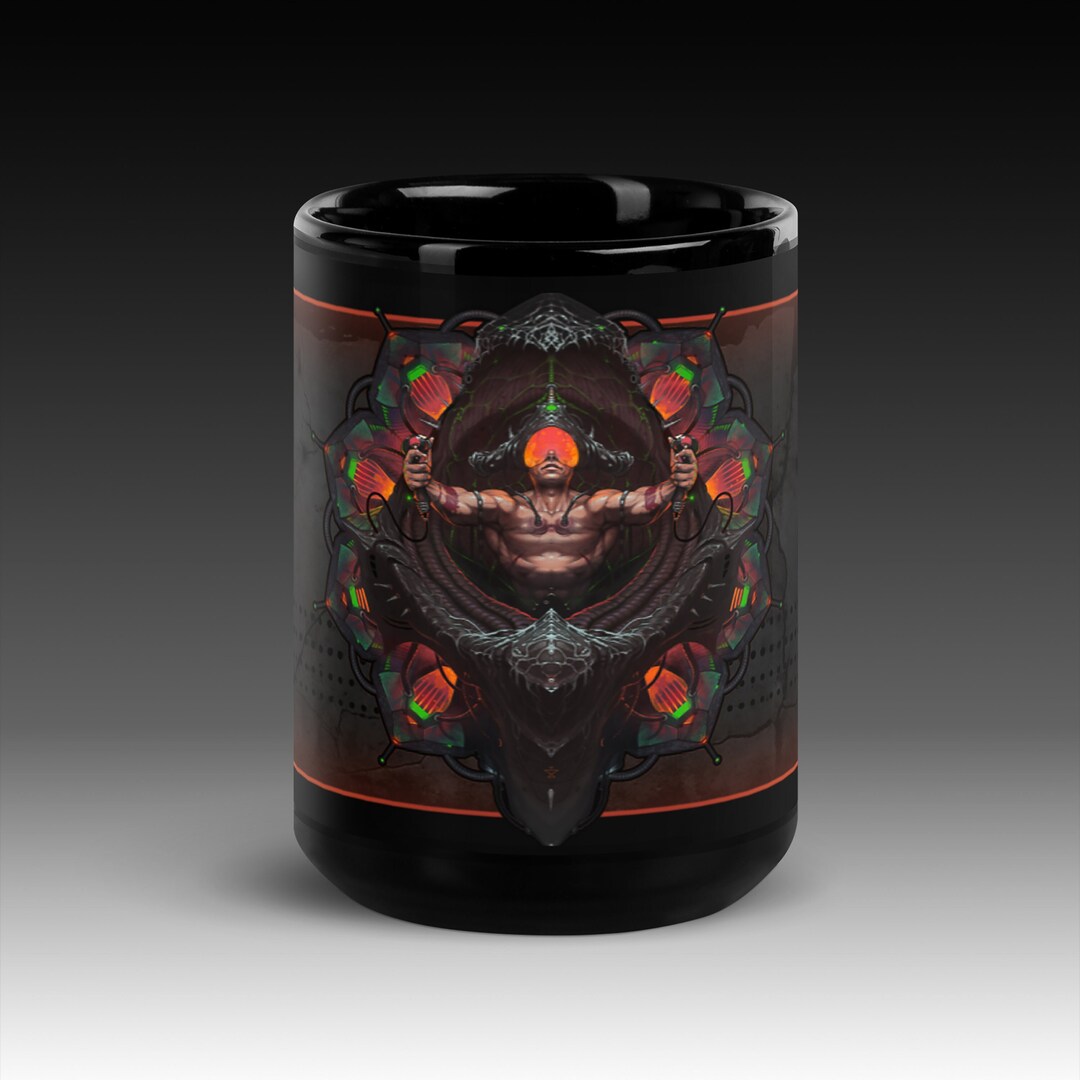 Retro Shooters Gamer Mug , Illustrated Arena FPS Black Cup , Old School ...