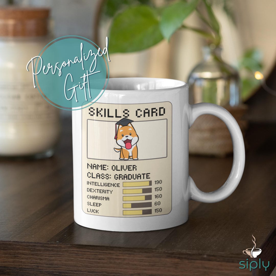 Skills Card Graduation Mug, Dnd Grad Gift, Custom Name Graduation Gift ...