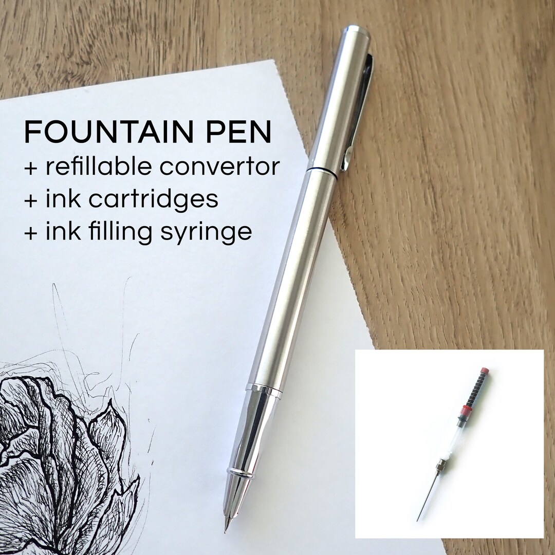 Slim Silver Metal Fountain Pen W/ Convertor, Ink Cartridges, Ink ...
