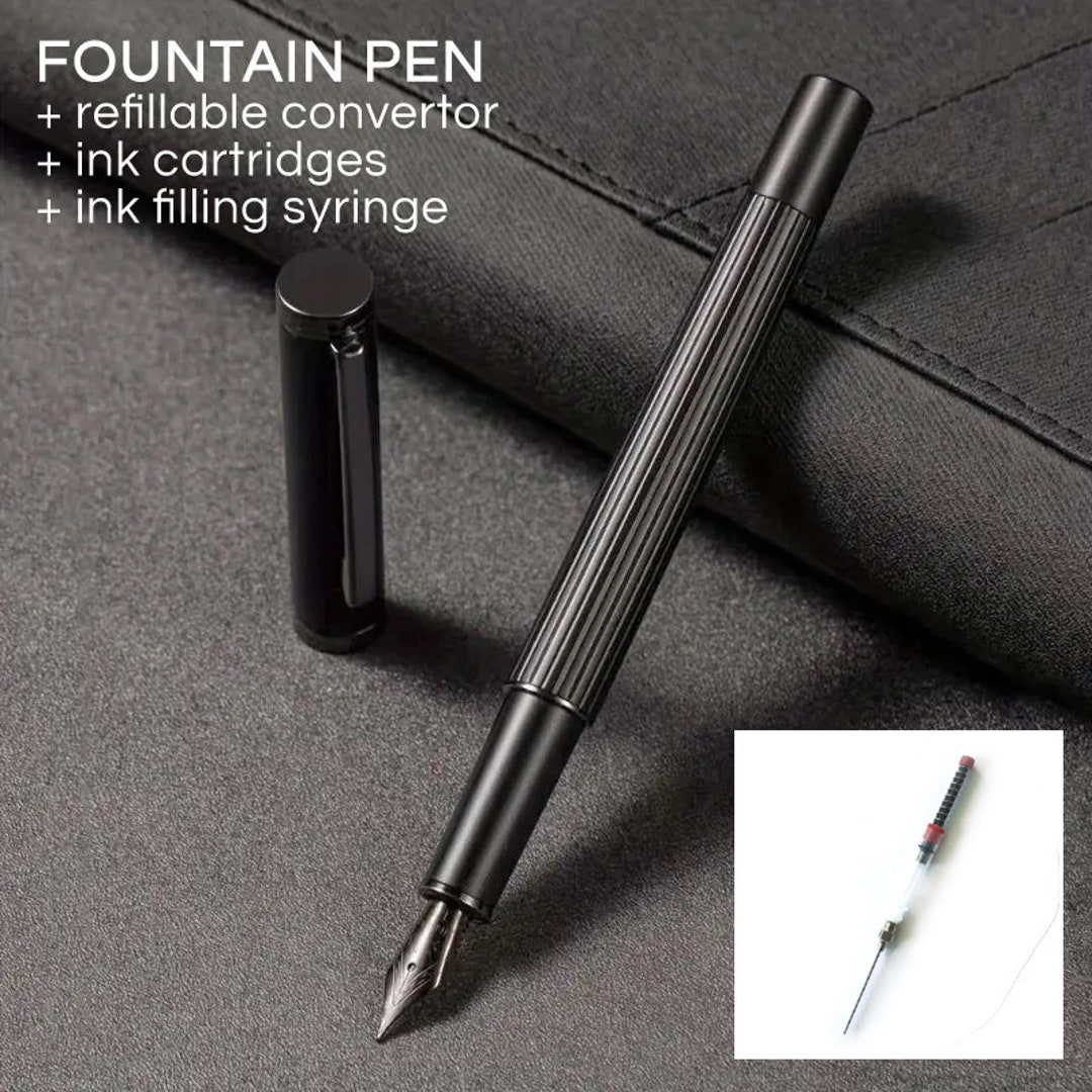 Fountain Pen, Sleek All Black Metal W/ Refillable Convertor ...